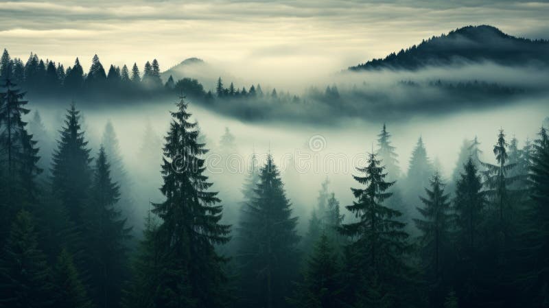 Majestic Forest Veiled in Mist, a Serene and Enchanting Sight Stock ...
