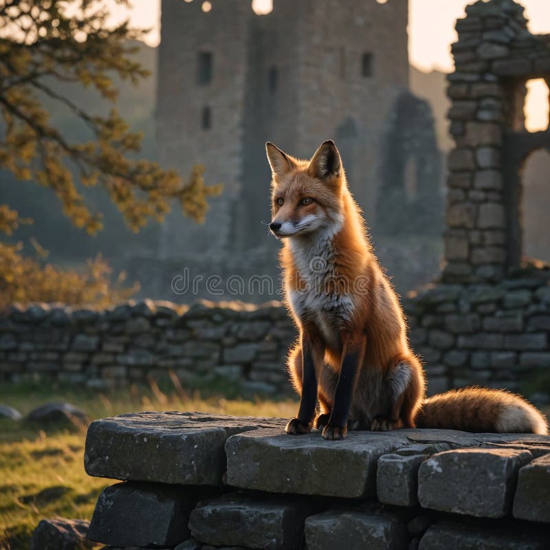 Majestic Fox at Dusk Cinematic Silhouette Over Ancient Ruins Stock ...