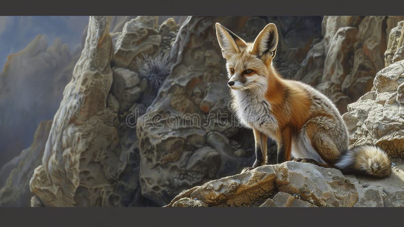 A Majestic Fox Perches on a Rocky Ledge, Blending with the Rugged ...