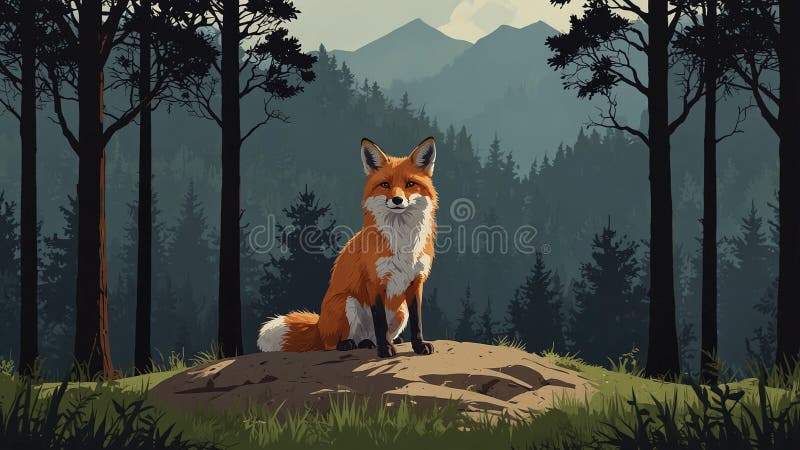 Majestic Fox Sitting on a Rock in the Forest with Mountains in ...