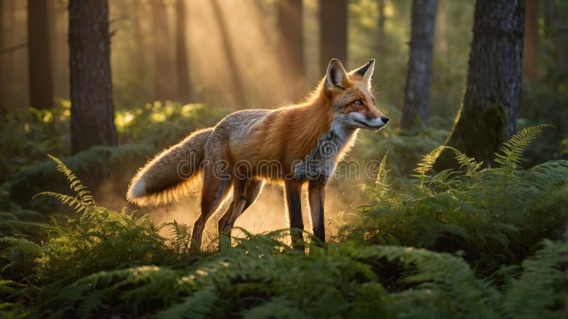 Majestic Red Fox in Golden Sunlight Forest Stock Illustration ...