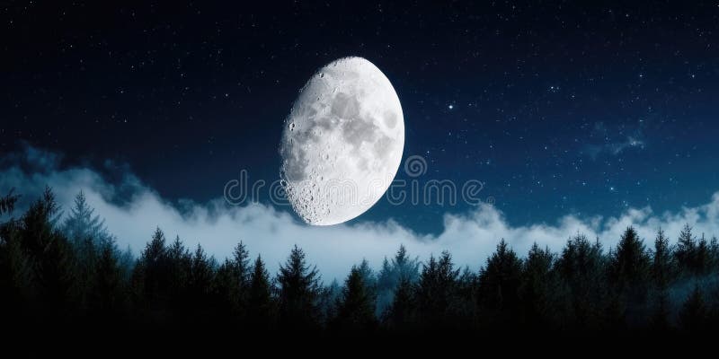 Majestic Full Moon Over Forest at Night with Starry Sky Stock Photo ...