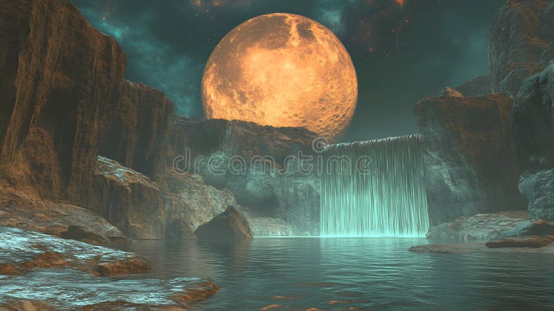 Majestic Full Moon Over Waterfall in Rocky Landscape at Night Stock ...