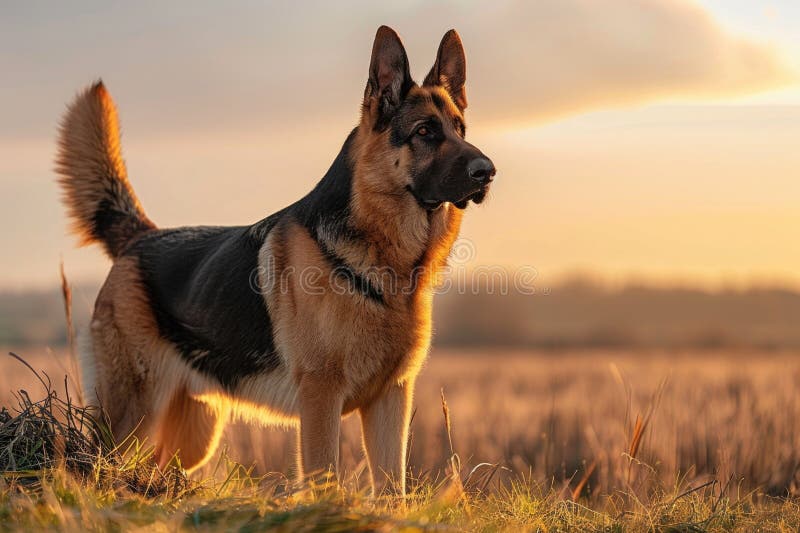 Majestic German Shepherd in Scenic Sunset Landscape AI Stock Image ...