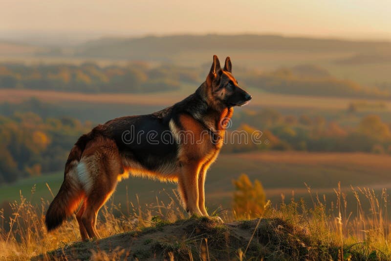 Majestic German Shepherd at Sunset in Scenic Landscape AI Stock Image ...