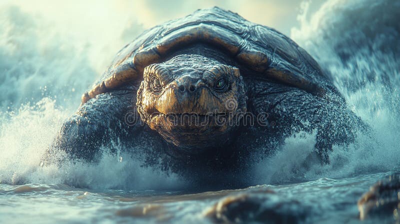Majestic Giant Turtle Emerges from Ocean Waves, Intense Gaze Stock ...
