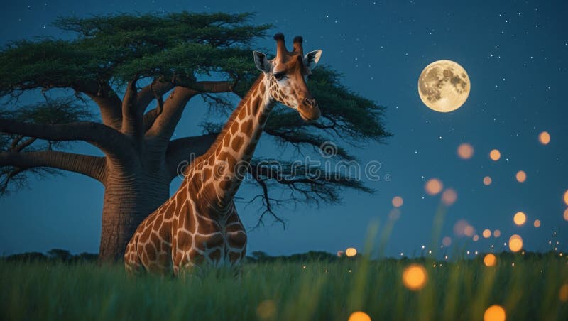 Giraffe Under Baobab Tree at Night with Full Moon Stock Illustration ...