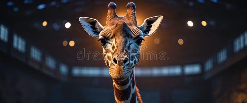 Majestic Giraffe Under Spotlight in an Indoor Exhibit Setting during ...