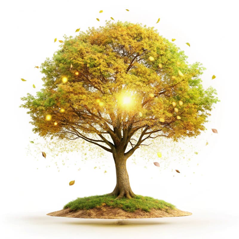 Levitating Glowing Tree with Floating Falling Leaves Stock Illustration ...