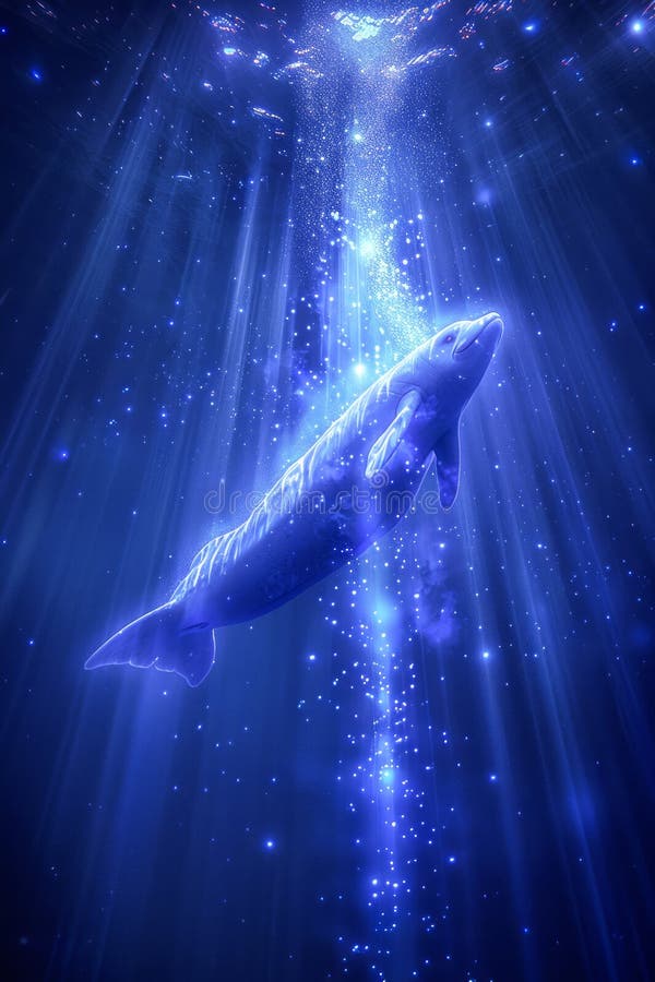 Majestic Glowing Whale Swimming Underwater with Light Rays Permeating ...