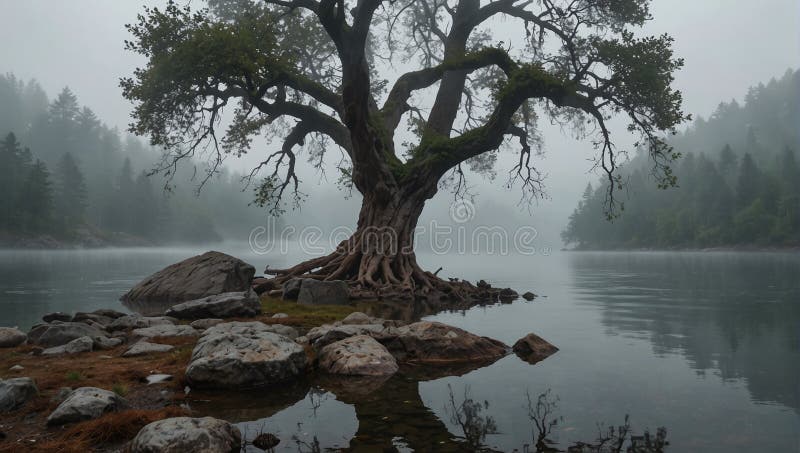 Majestic Gnarled Tree by Misty Lake in Enchanted Forest with ...