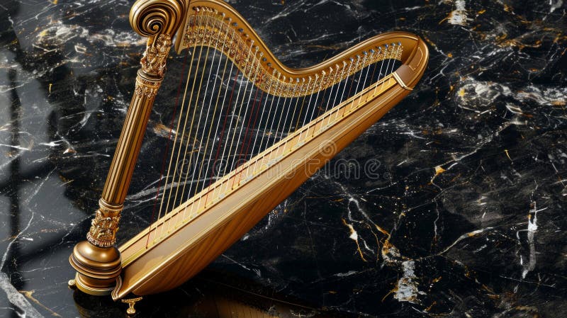 Majestic Golden Harp Sits Elegantly on a Sleek Black Marble Surface ...