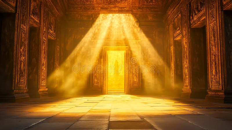 Majestic Golden Light Rays in Ancient Grand Hall Stock Illustration ...