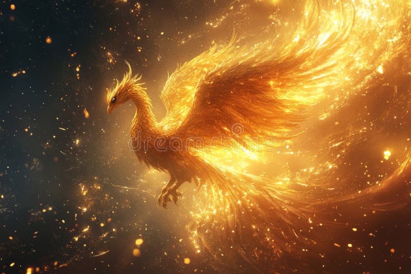 Majestic Golden Phoenix Rising from Ashes in a Blaze of Glory Stock ...