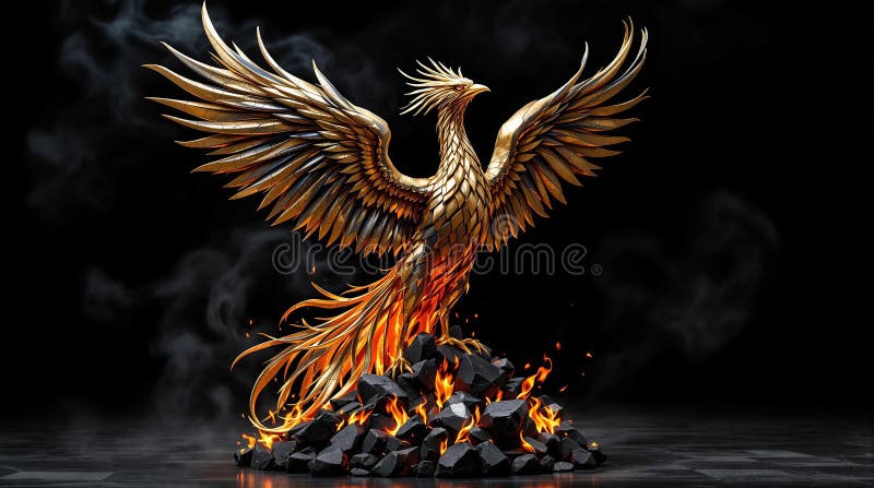 Majestic Golden Phoenix Rising from Fiery Ashes in Dramatic Display ...