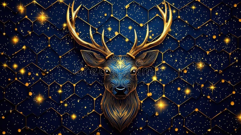 Majestic Golden Stag Surrounded by Stars and Hexagonal Patterns in Deep ...