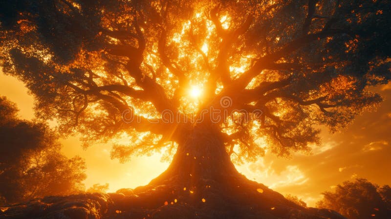 Majestic Golden Tree Silhouette at Sunset Stock Illustration ...