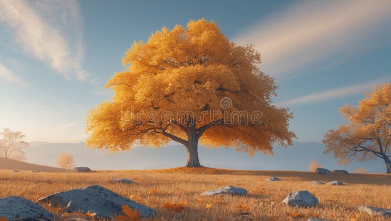 Majestic Golden Tree Standing in a Serene Landscape during Fall Stock ...