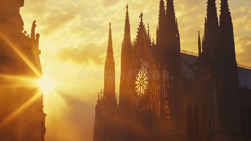 Majestic Gothic Cathedral Illuminated by Golden Sunset Light. Stock ...