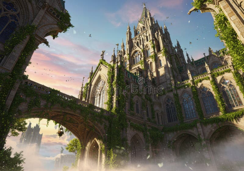 Majestic Gothic Cathedral in Lush Greenery at Sunrise with Atmospheric ...