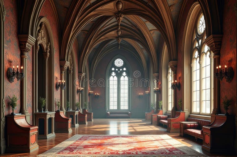 Majestic Gothic Hall with Arched Ceilings and Luxurious Red Decor Stock ...