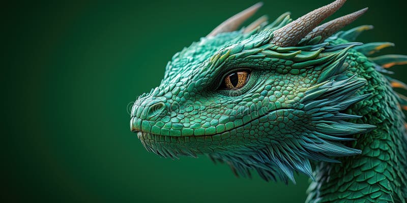 Majestic Green Dragon Portrait on Green Backdrop, Banner with Copy ...