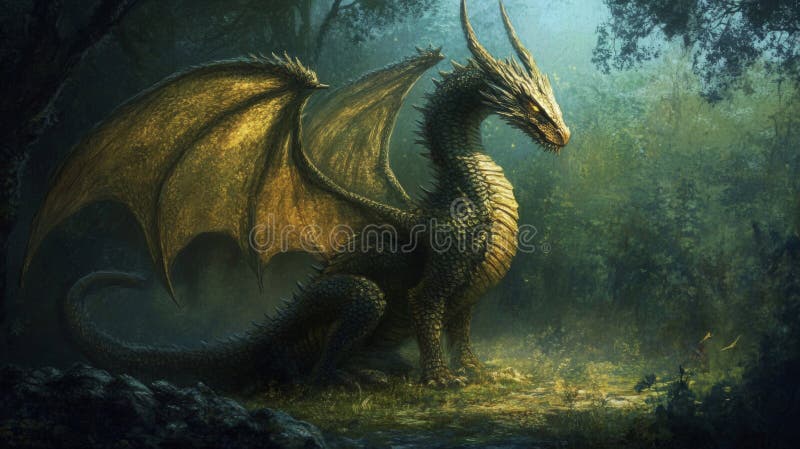 Majestic Green and Gold Dragon in a Dark Forest Stock Illustration ...