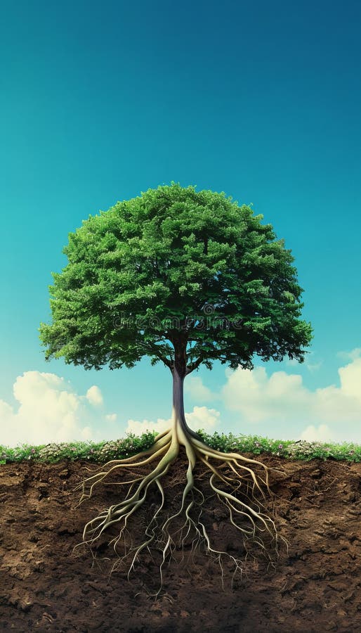 Majestic Green Tree with Roots on Muted Backdrop, Ideal for Text ...
