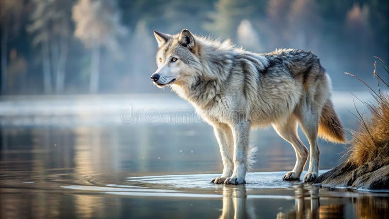 Majestic Grey Wolf Standing in Calm Water at Dawn, Reflecting on the ...