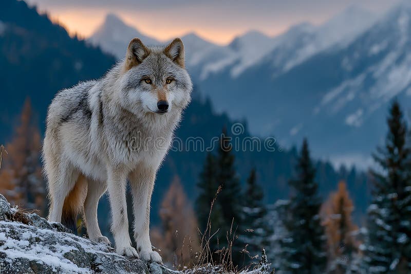 A Majestic Grey Wolf Standing on a Rocky Ledge Overlooking a Snowy ...
