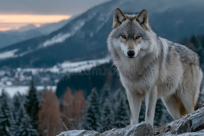 A Majestic Grey Wolf Standing on a Rocky Ledge Overlooking a Snowy ...