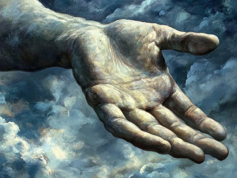 Majestic Hand Reaching through Dramatic Cloudy Sky in a Painting Stock ...
