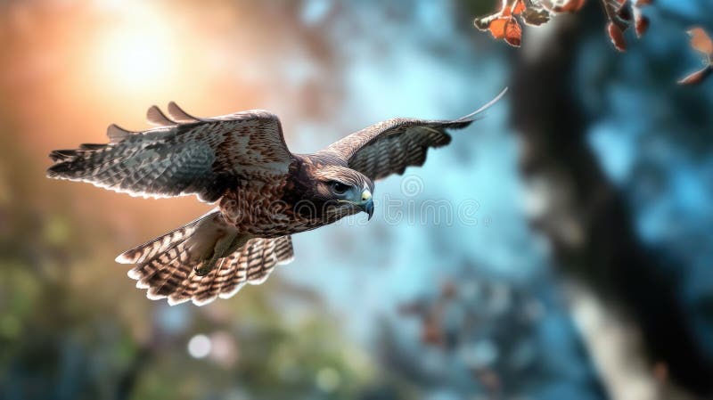 Majestic Hawk in Flight Against a Sunset Sky Stock Photo - Image of ...