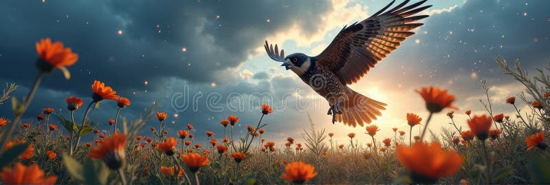 Majestic Hawk in Flight Over Orange Wildflowers at Sunset with Dramatic ...