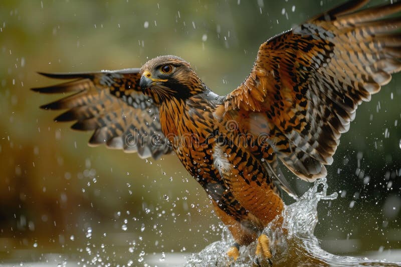 Majestic Hawk in Flight Over Water with Rain Droplets Stock Photo ...