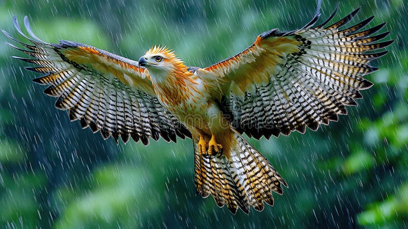 Majestic Hawk in Flight during a Rain Shower, Wings Spread Wide ...