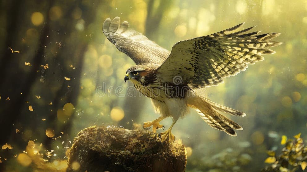 Majestic Hawk in Flight through Sunlit Forest Stock Illustration ...