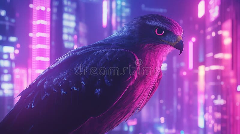 A Majestic Hawk, Illuminated by Neon City Lights at Night Stock ...