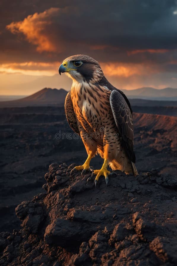 Majestic Falcon Perched on Volcanic Rock at Sunset Stock Illustration ...