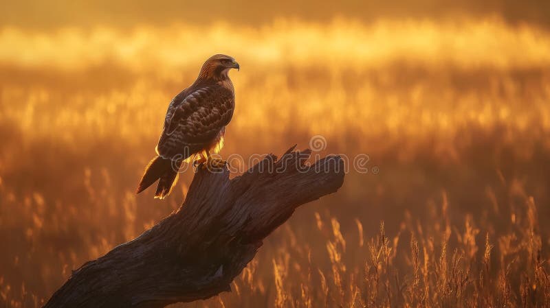 Majestic Hawk Perched on Tree Stump Against Golden Sunset Landscape ...