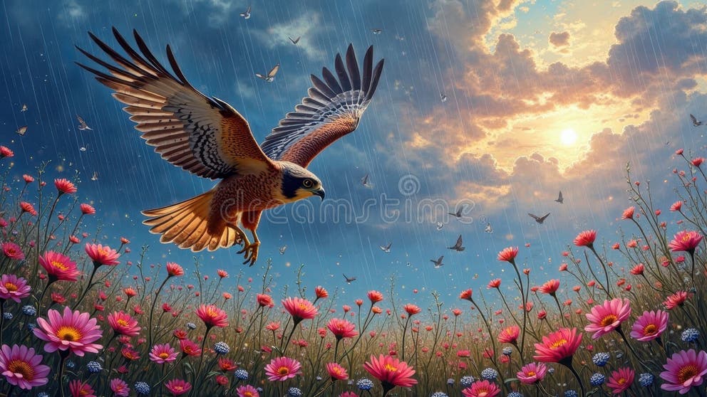 Majestic Hawk Soaring in a Flower Field at Sunset with Dramatic Cloudy ...