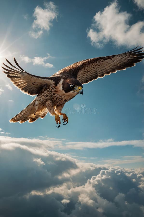 Majestic Peregrine Falcon Soaring Above Fluffy Clouds Stock ...