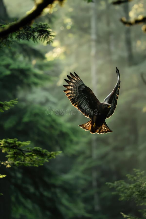 Majestic Hawk Soaring through Lush Green Forest Stock Photo - Image of ...