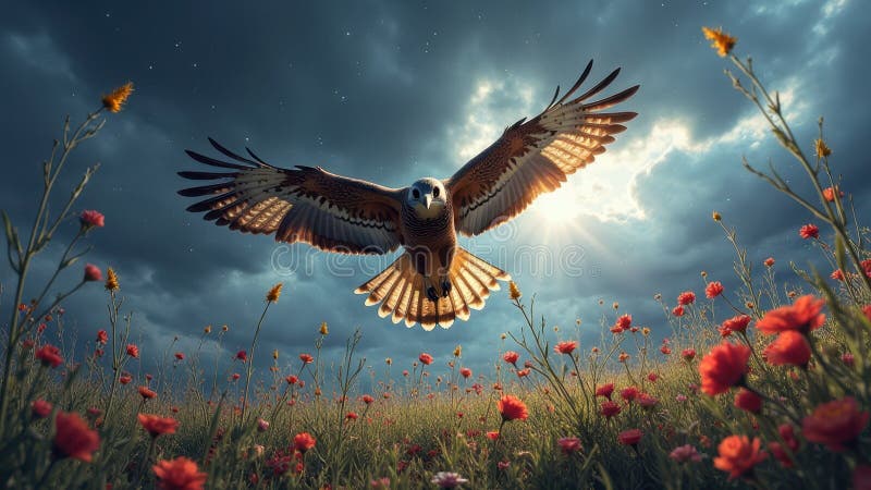 Majestic Hawk Soaring Over Colorful Wildflower Field at Sunrise Stock ...