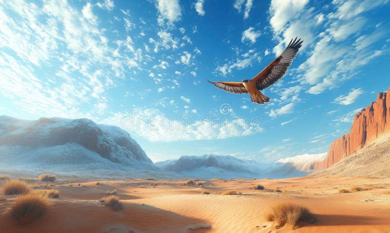 Majestic Hawk Soaring Over Desert Landscape with Mountains and Blue Sky ...