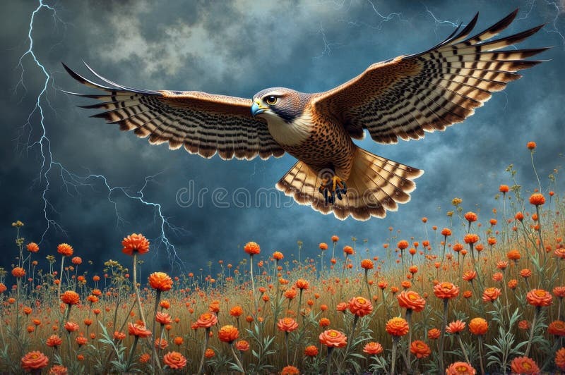 Majestic Hawk Soaring Over Vibrant Flower Field with Striking Lightning ...