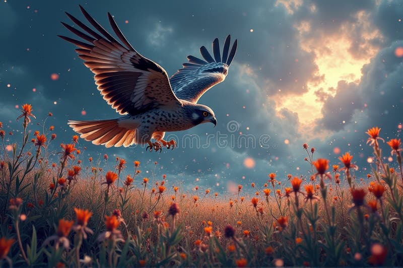 Majestic Hawk Soaring Over Wildflower Field at Sunset with Dramatic ...