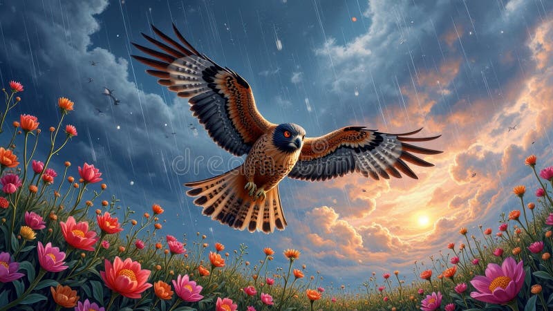 Majestic Hawk Soaring through Vibrant Flower Field in Rainy Sunset ...