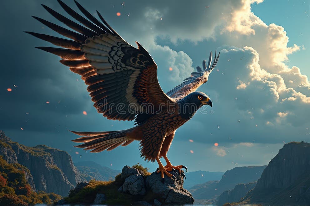 Majestic Hawk with Spread Wings in Mountainous Landscape Under Dramatic ...