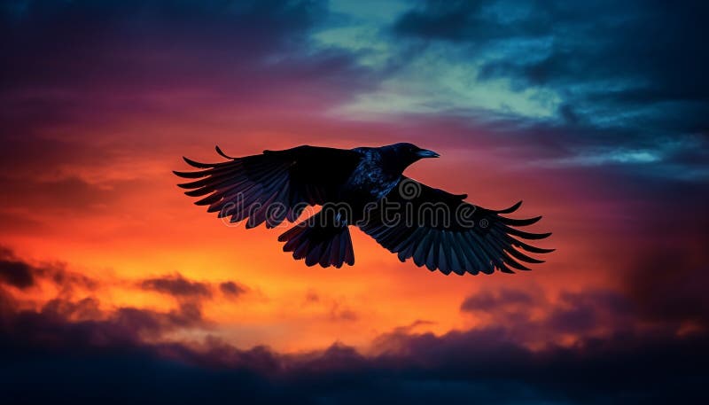 Majestic Hawk Spreads Wings in Multi Colored Twilight Sky Generated by ...
